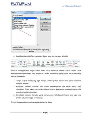 Pemanfaatan fungsi solver dalam excel untuk kasus optimalisasi | PDF