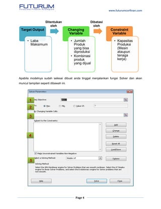 Pemanfaatan fungsi solver dalam excel untuk kasus optimalisasi | PDF