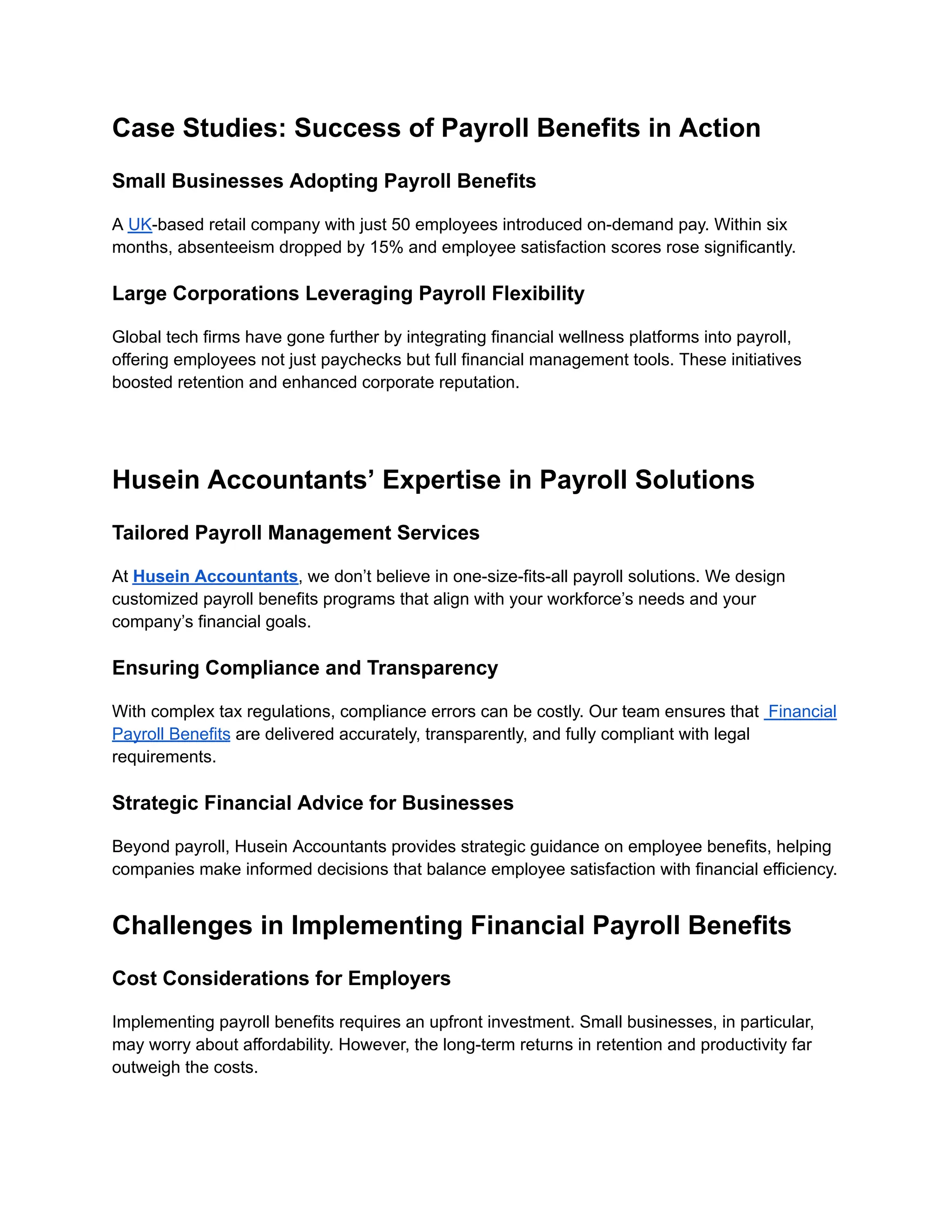 Top 10 Financial Payroll Benefits to Boost Employee Well-Being | Husein Accountants | PDF