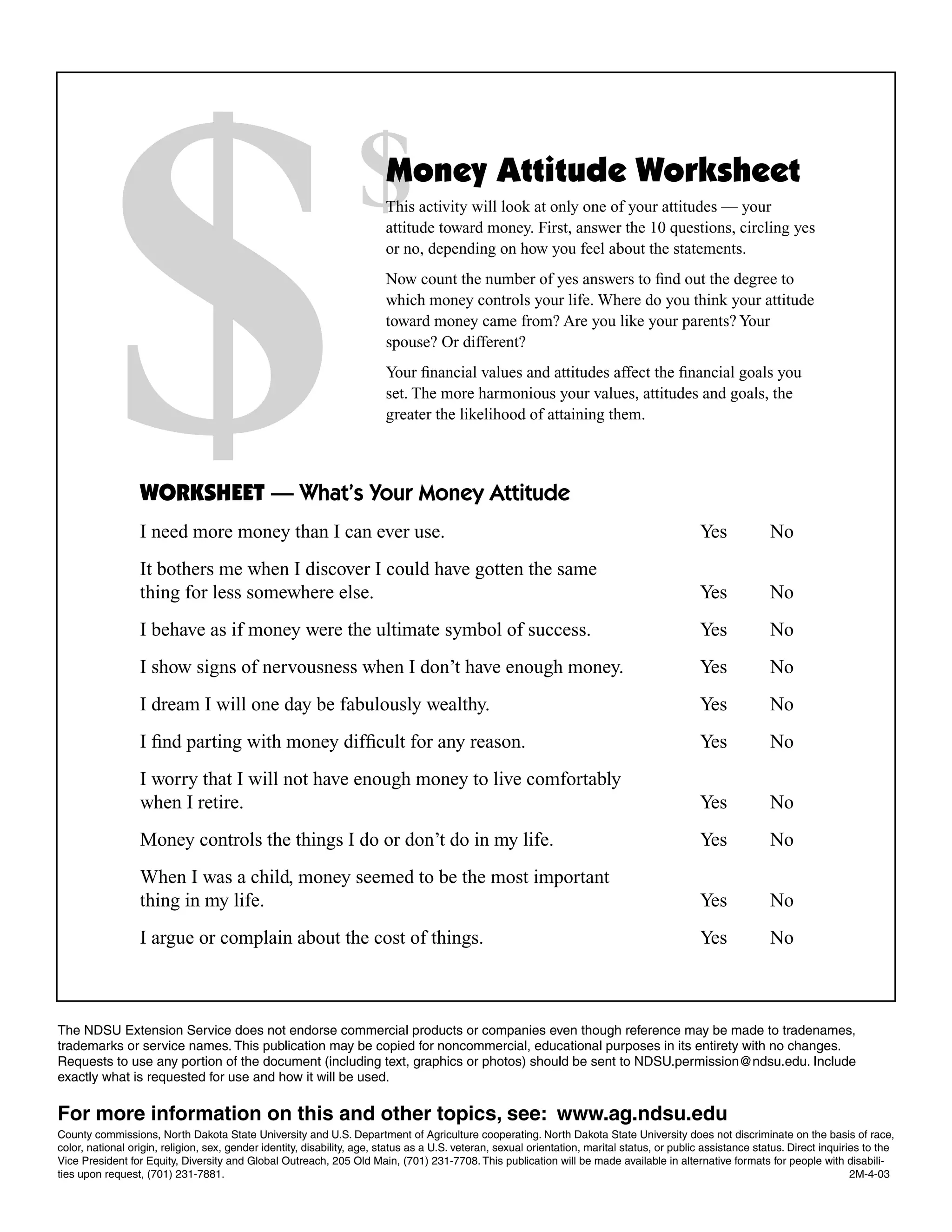 Financial Values Attitudes and Goals Worksheet | PDF