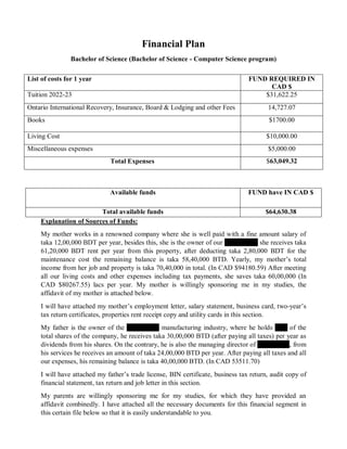 Financial Explanation Letter of Canada Student visa. | PDF