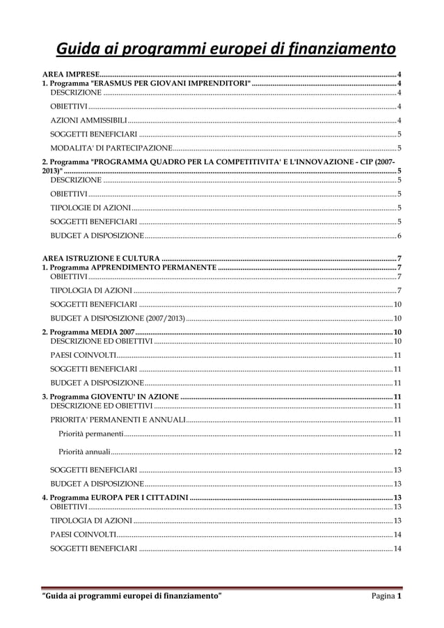 Finanziamenti europei - Guida ai principali programmi comunitari 2011 | PDF