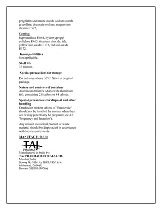 Finasteride 1mg, 5mg film coated tablet smpc taj pharmaceuticals | PDF