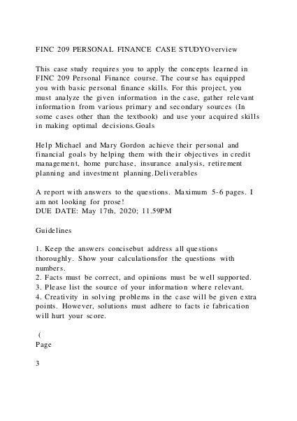 FINC 209 PERSONAL FINANCE CASE STUDYOverviewThis case study requ | DOCX