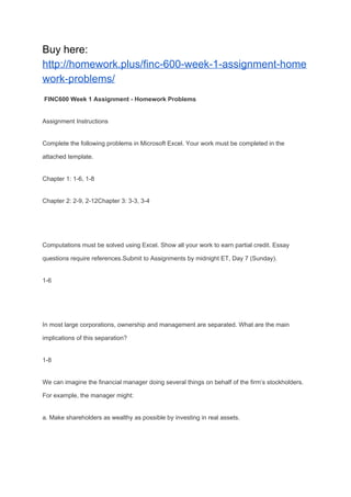 FINC 600 Week 1 Assignment Homework Problems | PDF