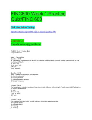 Finc600 week 1 practice quiz finc 600 | DOCX