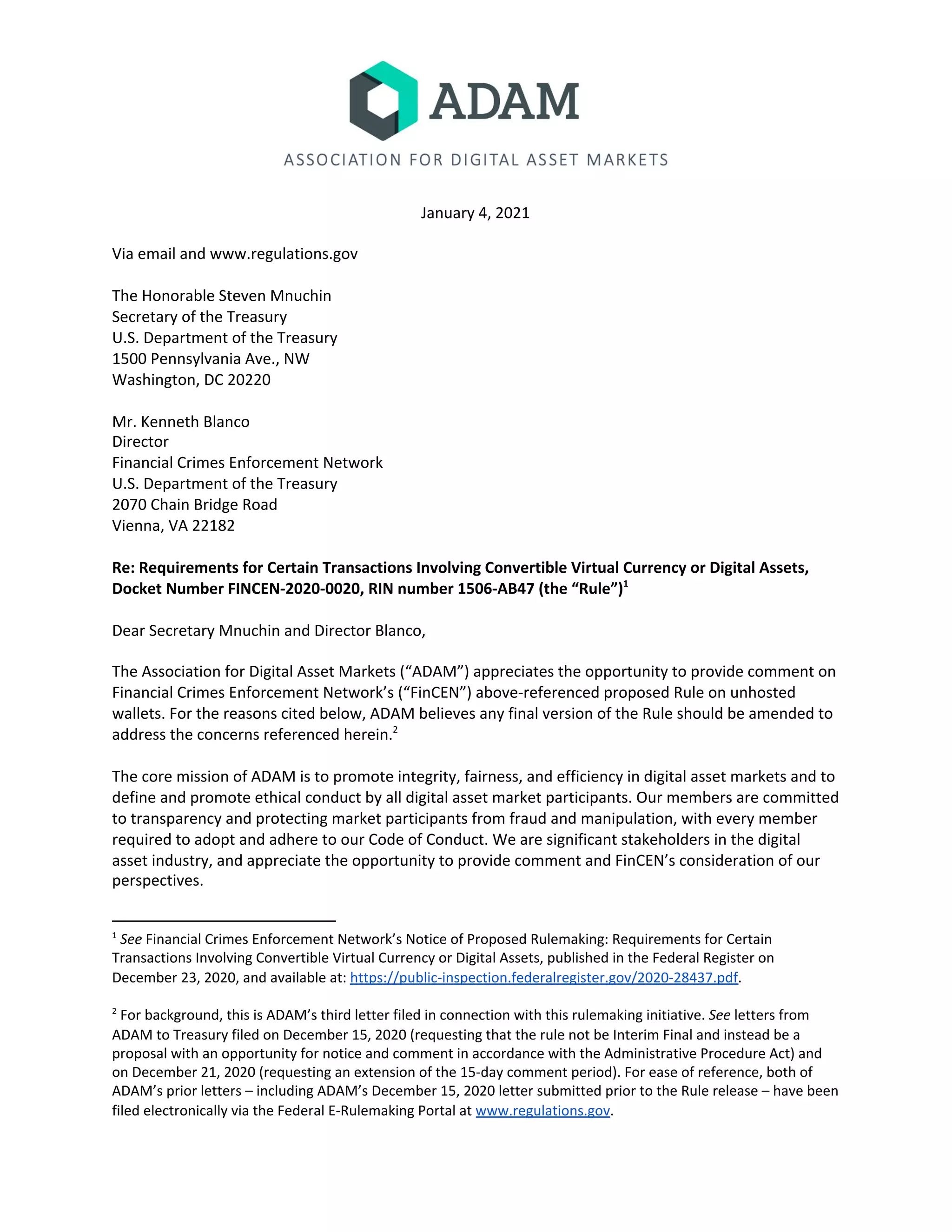 ADAM - FinCEN Comment Letter on Unhosted Wallets, 1.4.21