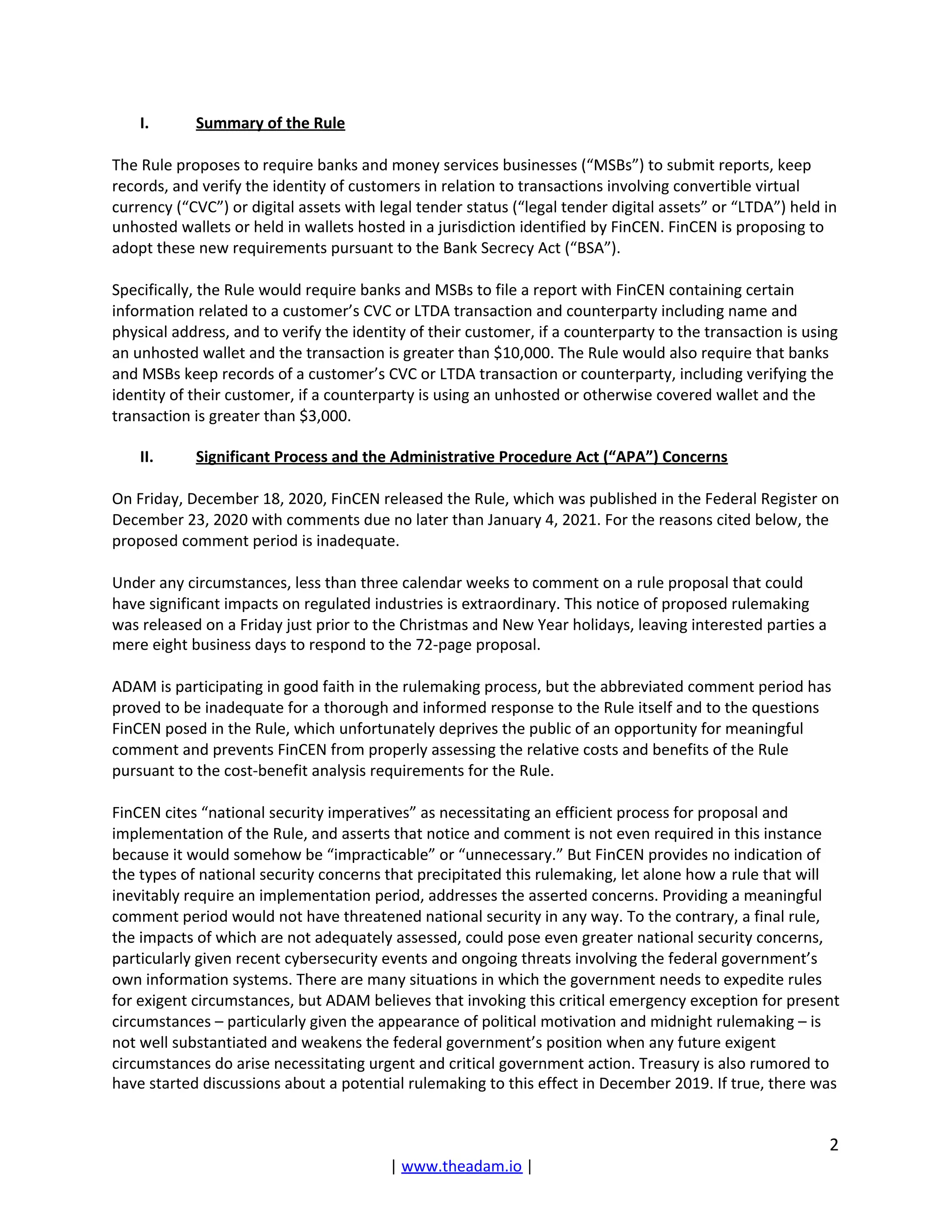 ADAM - FinCEN Comment Letter on Unhosted Wallets, 1.4.21