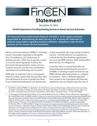 FinCEN Statement on Providing Banking Services to Money Services ...