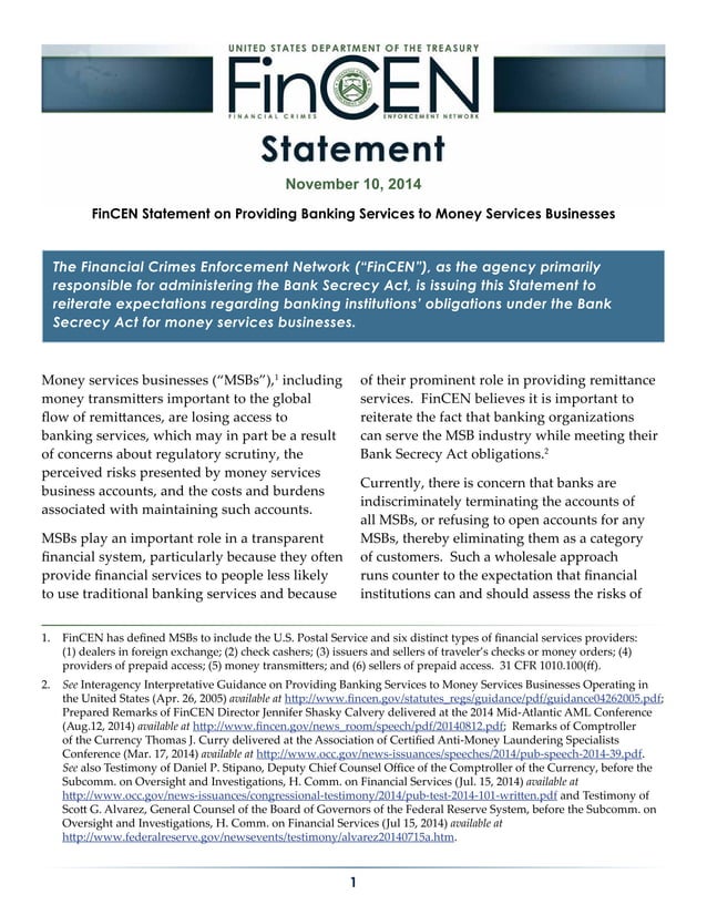 FinCEN Statement on Providing Banking Services to Money Services ...