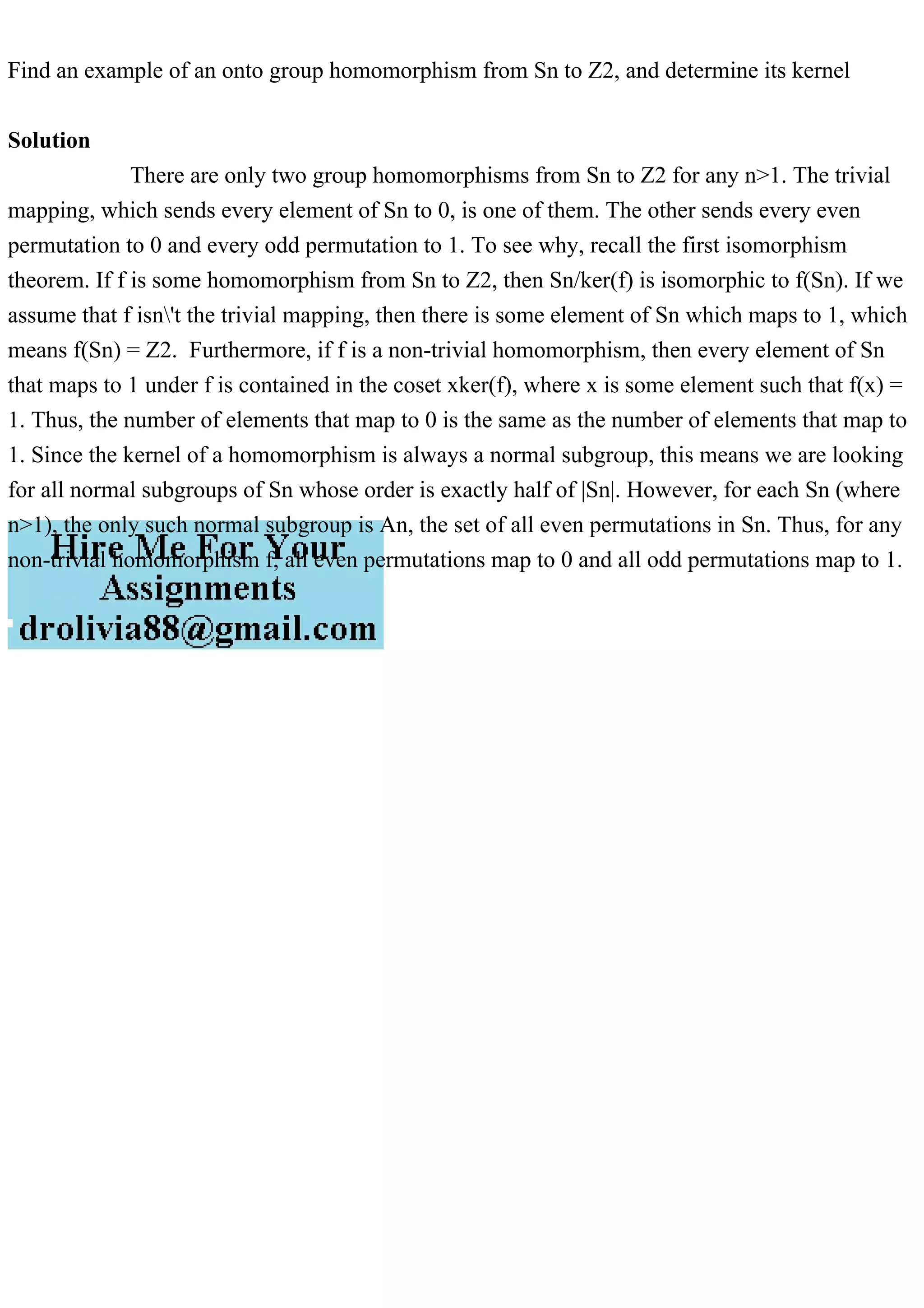 Find an example of an onto group homomorphism from Sn to Z2, and det.pdf