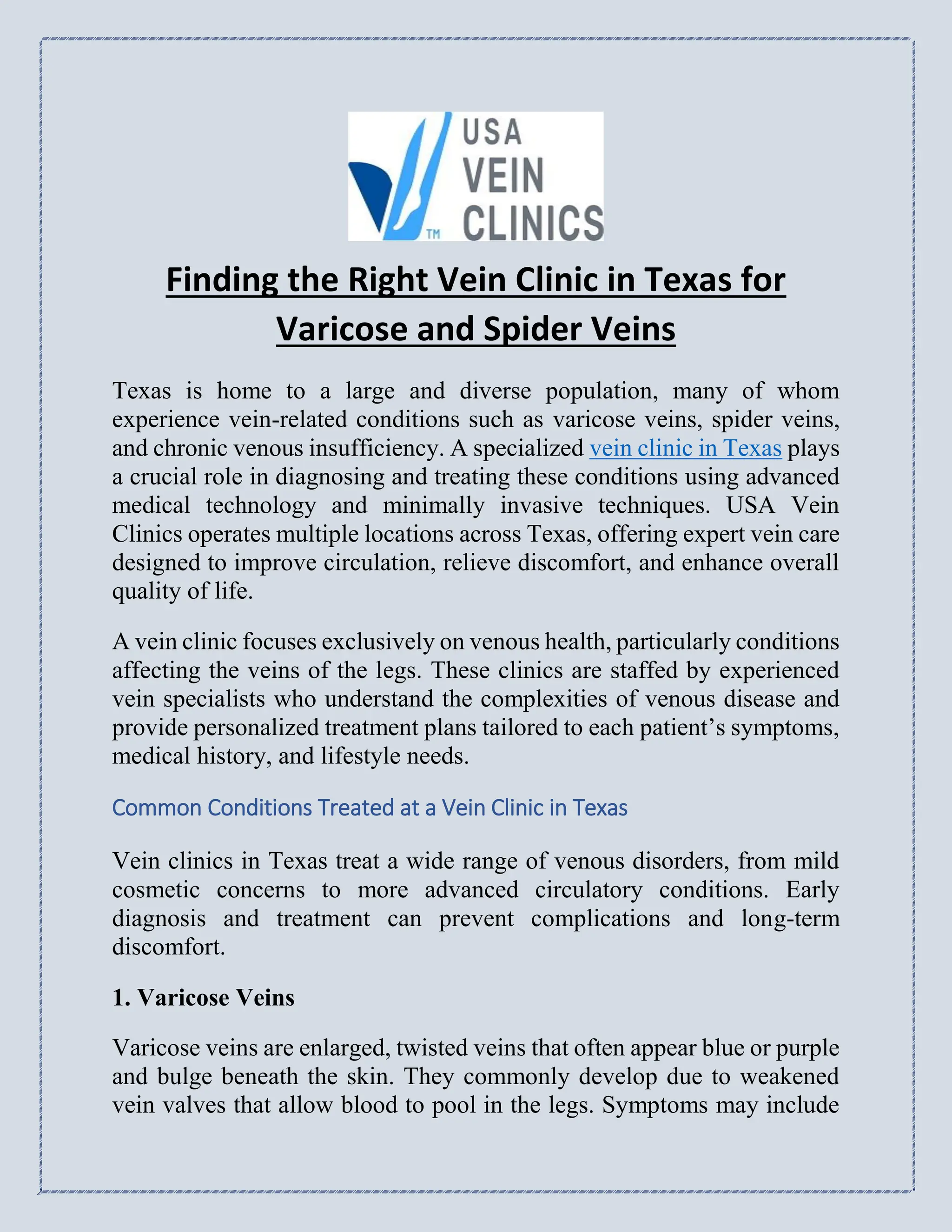 Finding the Right Vein Clinic in Texas for Varicose and Spider Veins | PDF