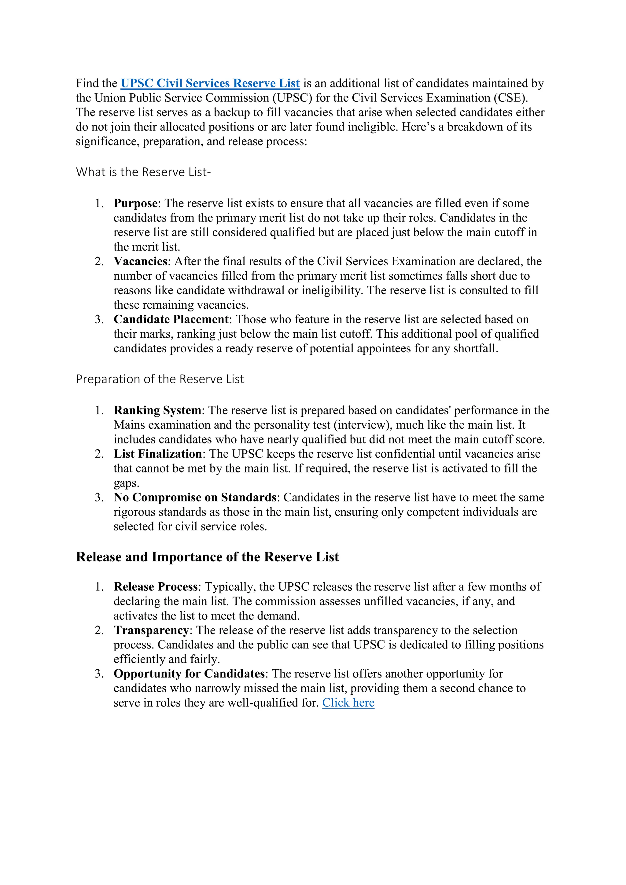 UPSC Civil Service Reserve list 2024 | Download now | PDF