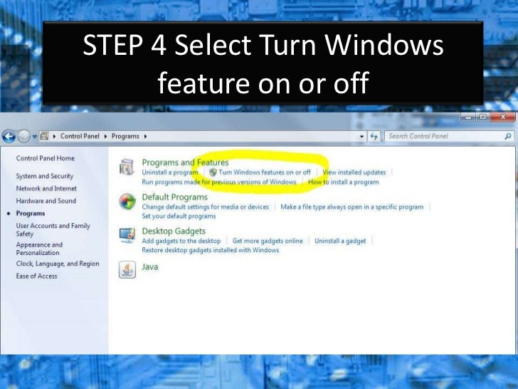 Turn windows features on or off in windows 7
