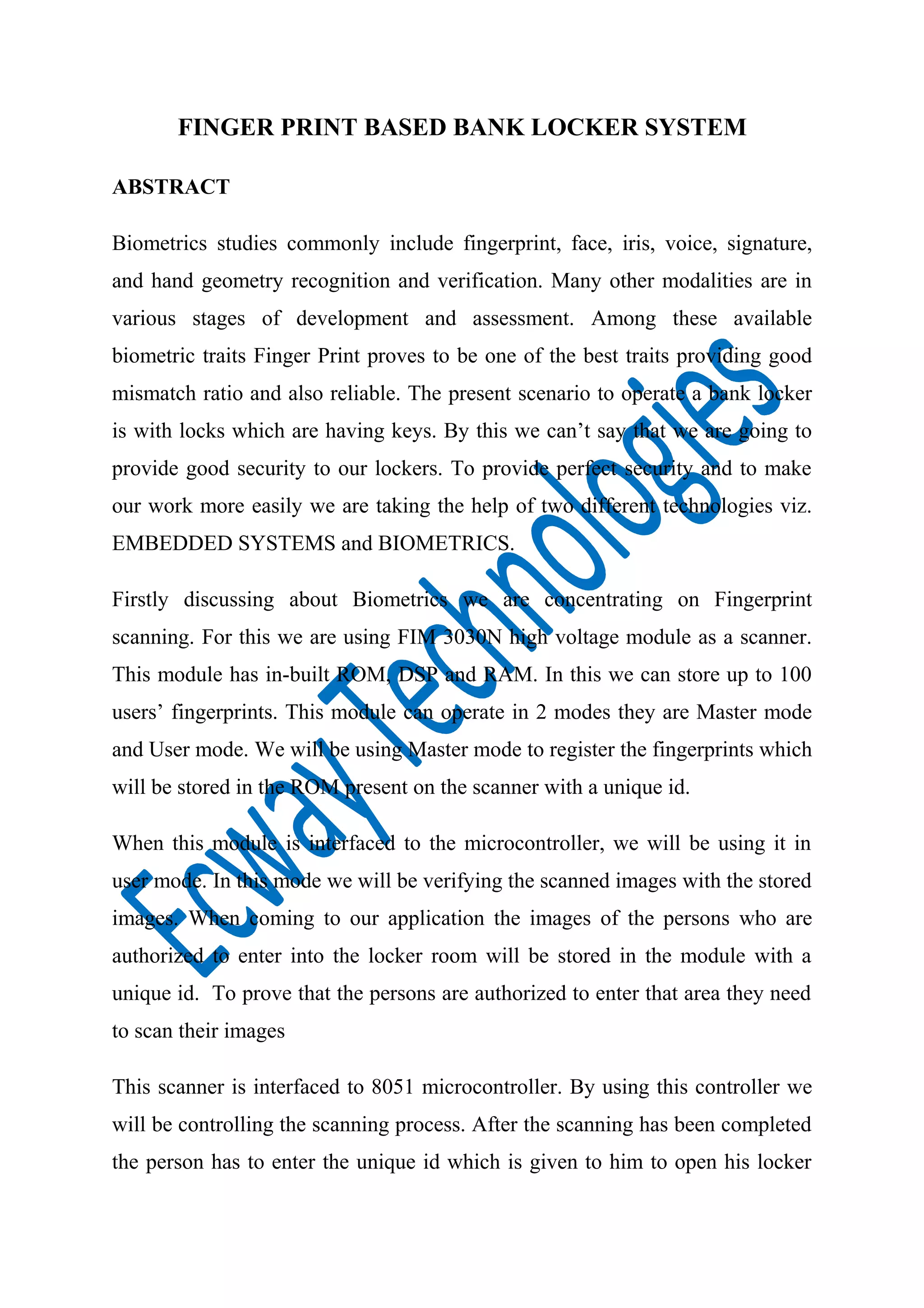 Finger print based bank locker system | DOC