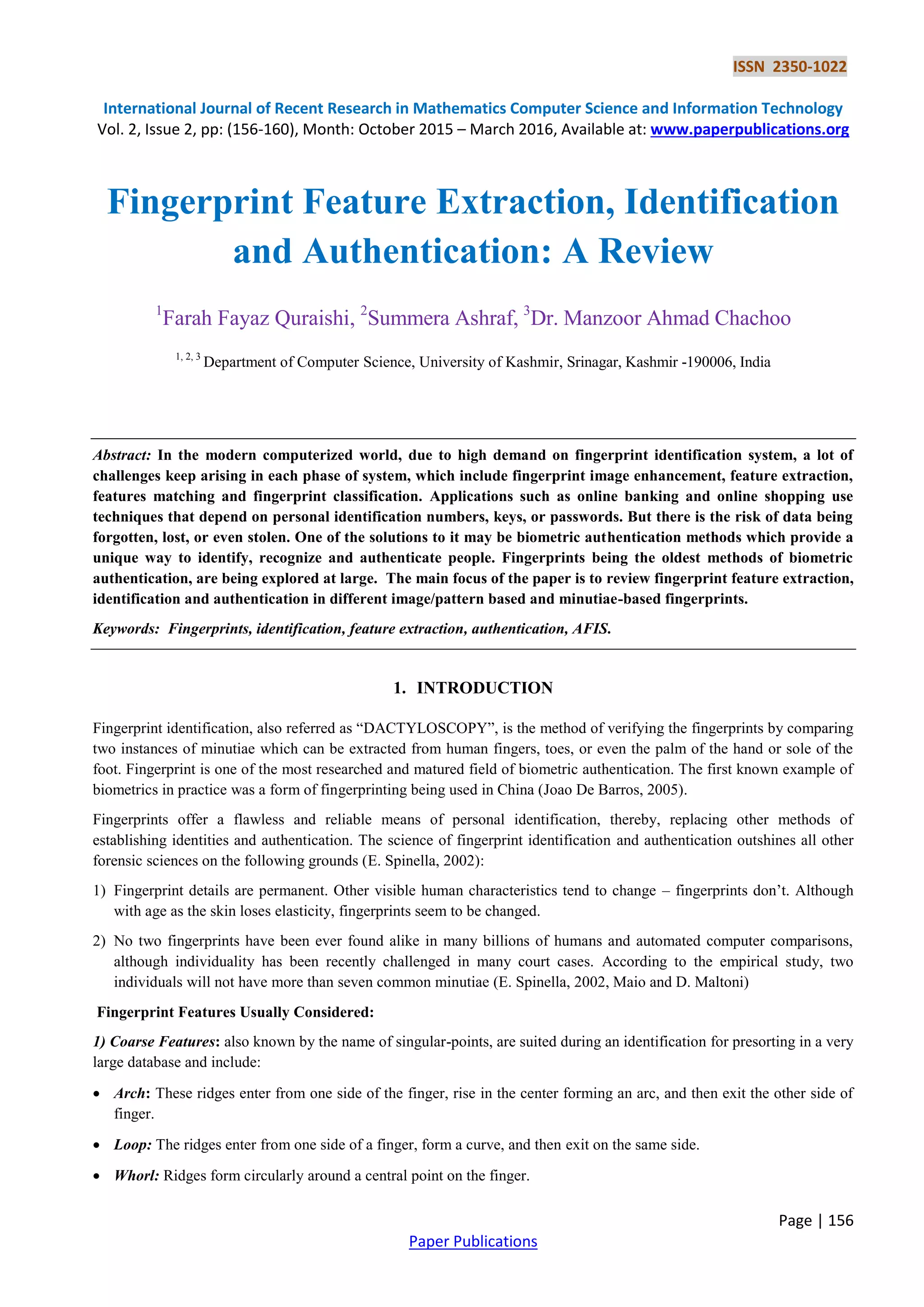 Fingerprint Feature Extraction, Identification and Authentication: A Review | PDF