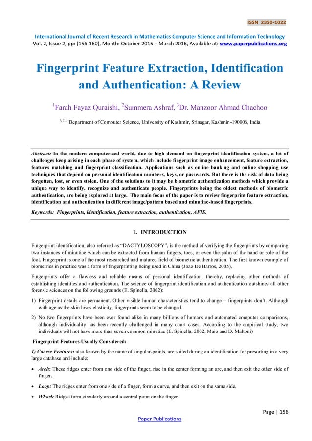 Fingerprint Feature Extraction, Identification and Authentication: A Review | PDF