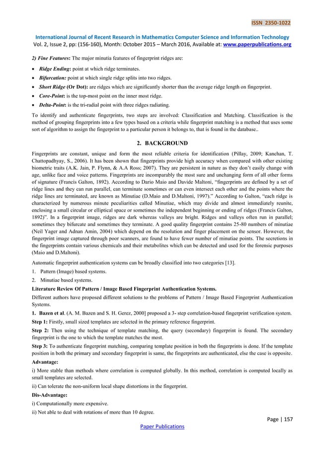 Fingerprint Feature Extraction Identification And Authentication A