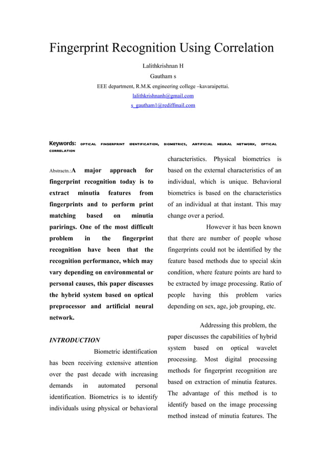 Fingerprint Recognition Using Correlation Pdf