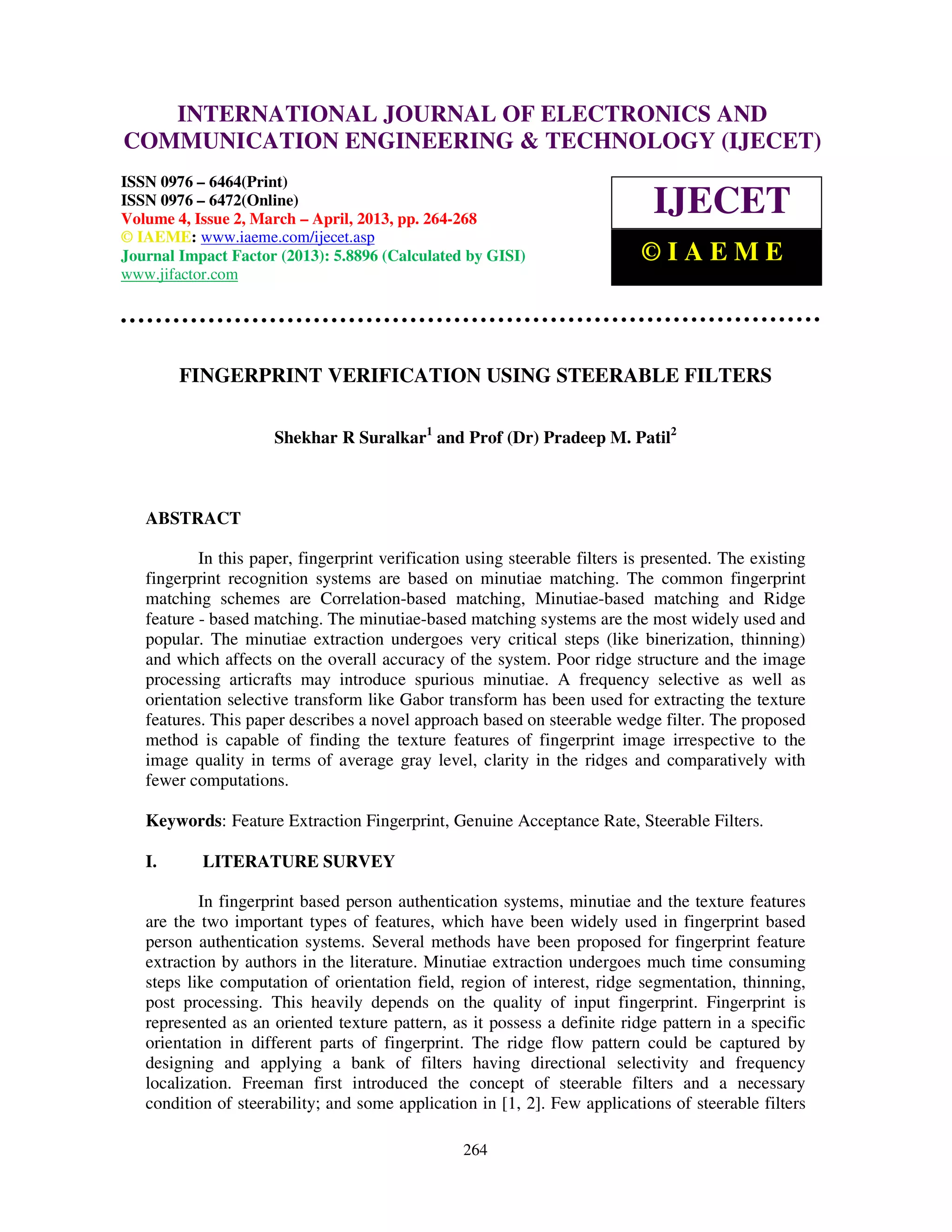 Fingerprint verification using steerable filters | PDF