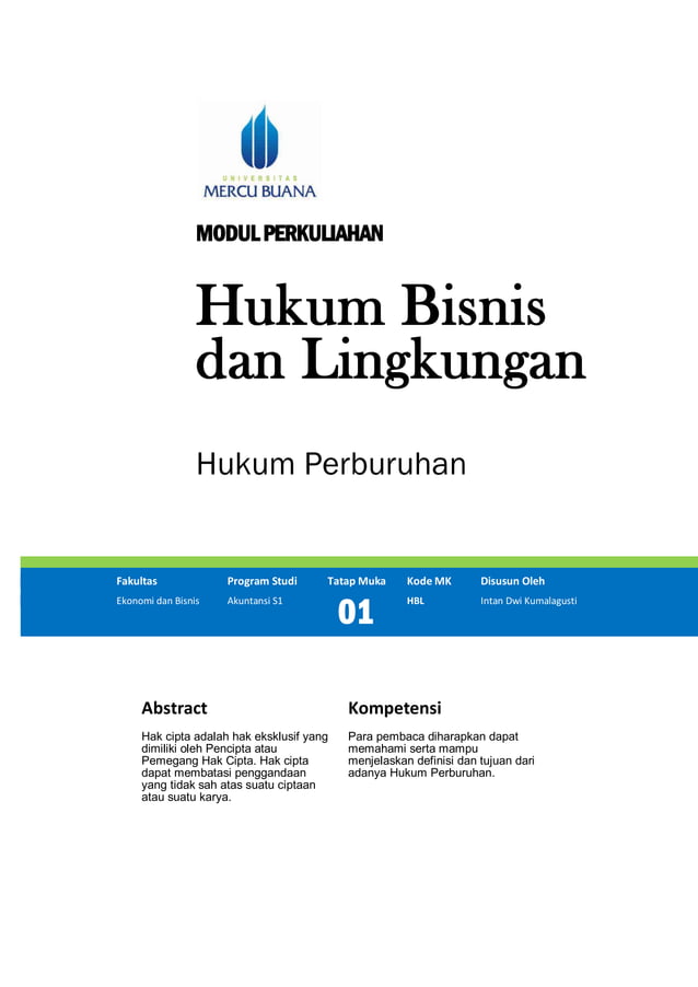 HBL, Intan Dwi Kumalagusti, Hapzi ali, Hukum Perburuhan, Universitas Mercu Buana, 2018 | PDF
