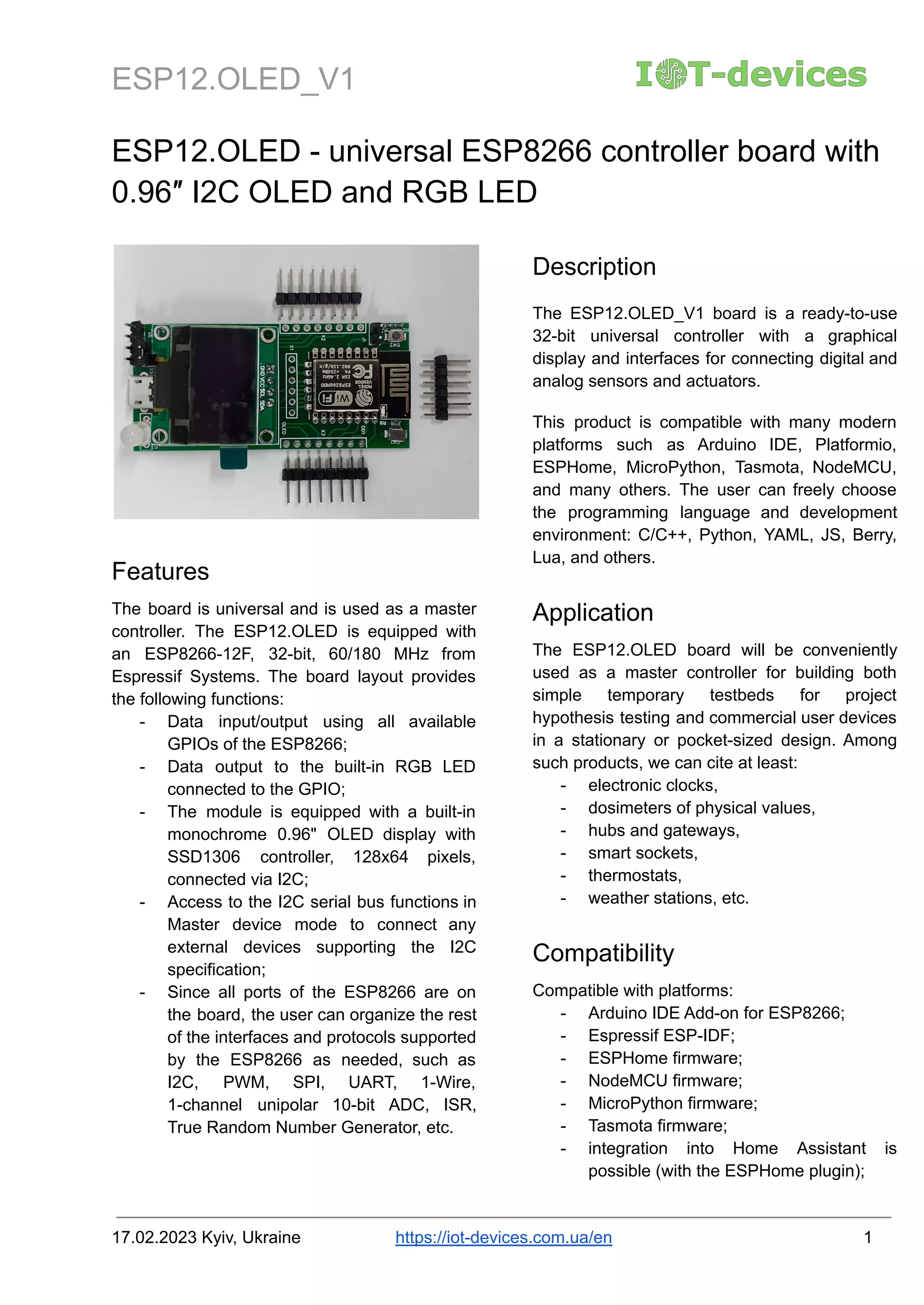 ESP12.OLED_V1 Datasheet EN - Universal ESP8266 controller board with 0.96″ I2C OLED and RGB LED ...