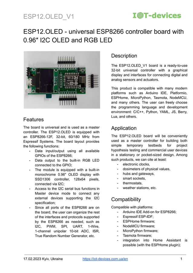 ESP12.OLED_V1 Datasheet EN - Universal ESP8266 controller board with 0.96″ I2C OLED and RGB LED ...