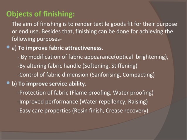 Finishing process and parameters | PPT | Needlework | Arts and Crafts