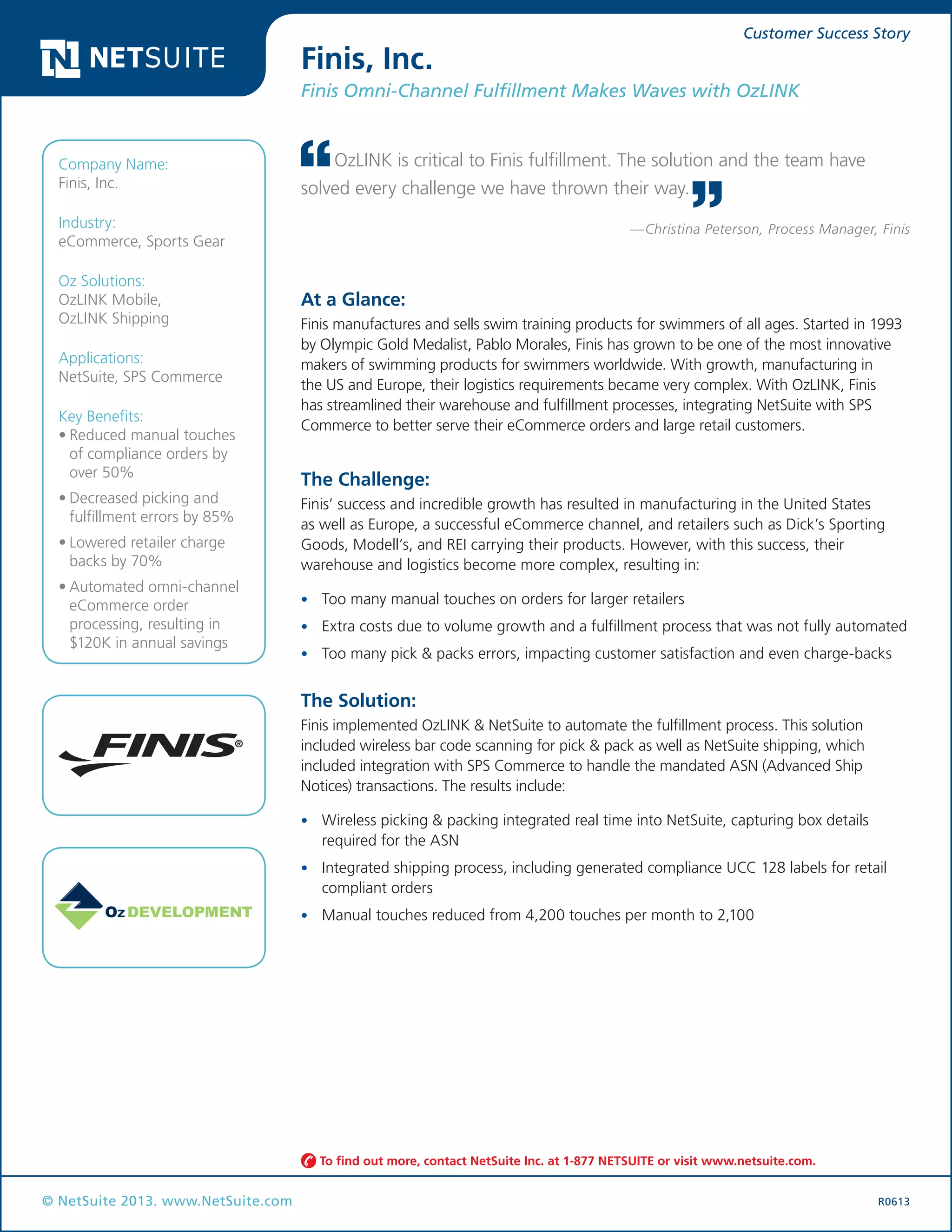 Finis Makes Waves with NetSuite & OzLINK | PDF