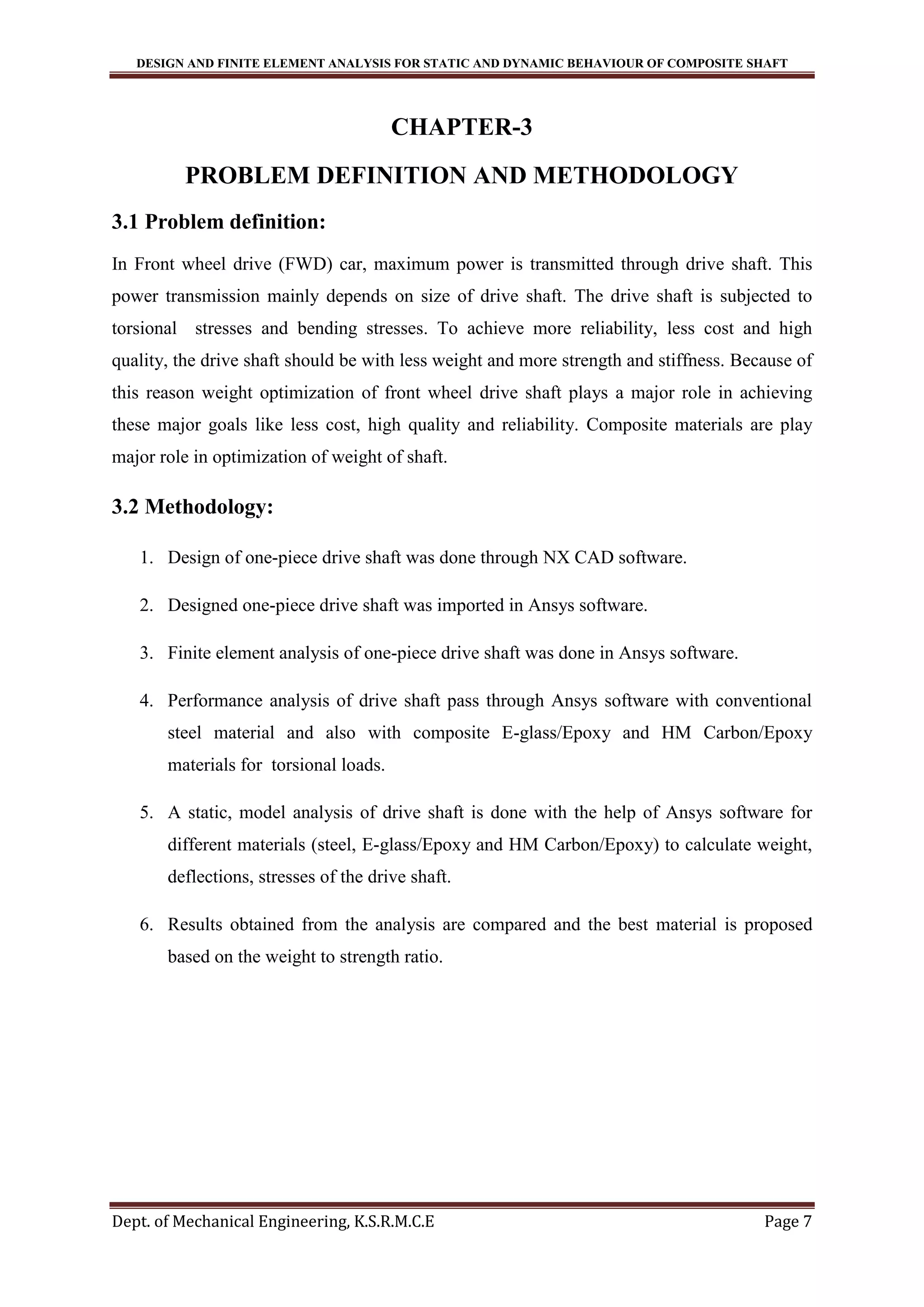 Design And Finite Element Analysis For Static And Dynamic Behaviour Of Composite Shaft