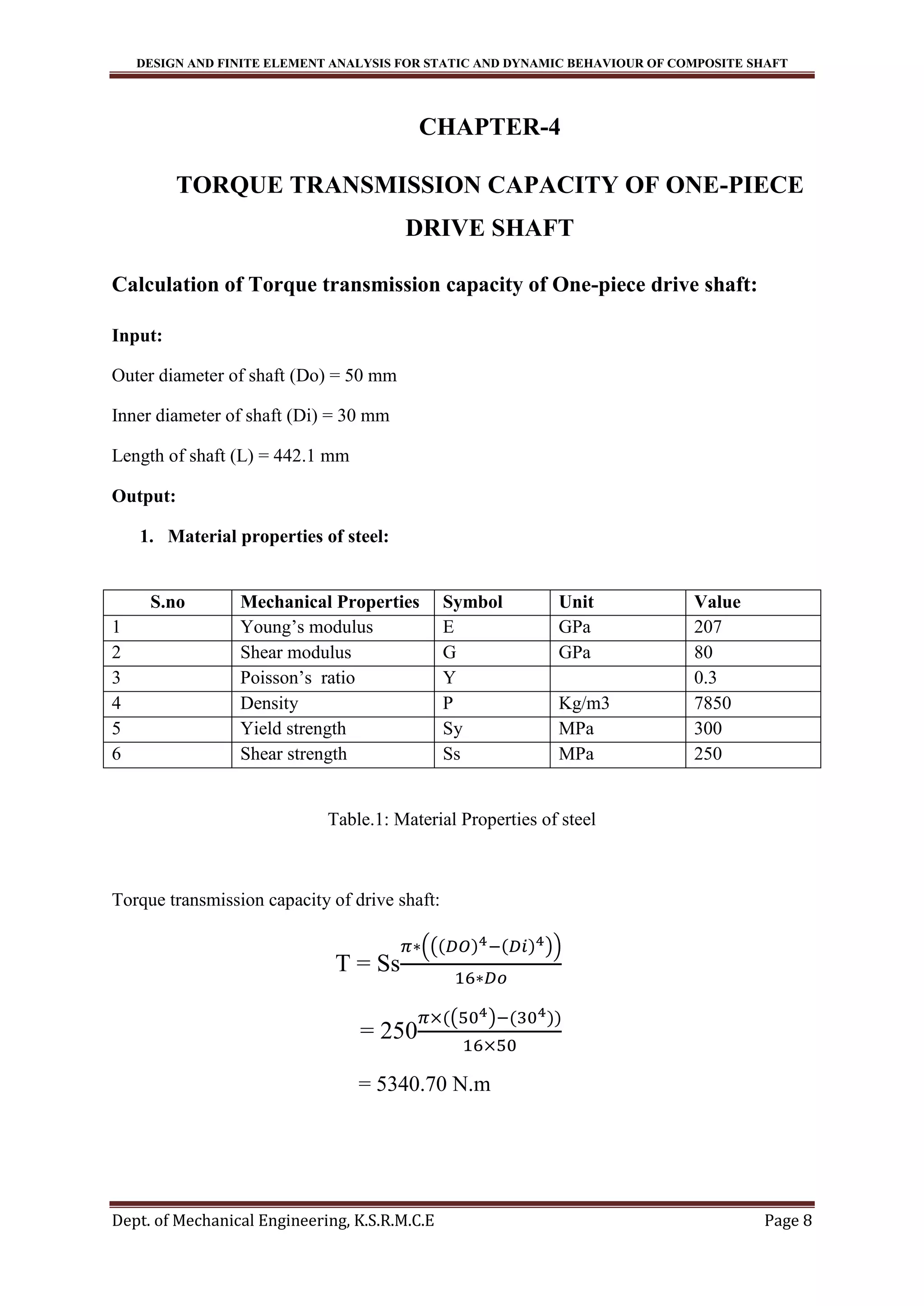 Design And Finite Element Analysis For Static And Dynamic Behaviour Of