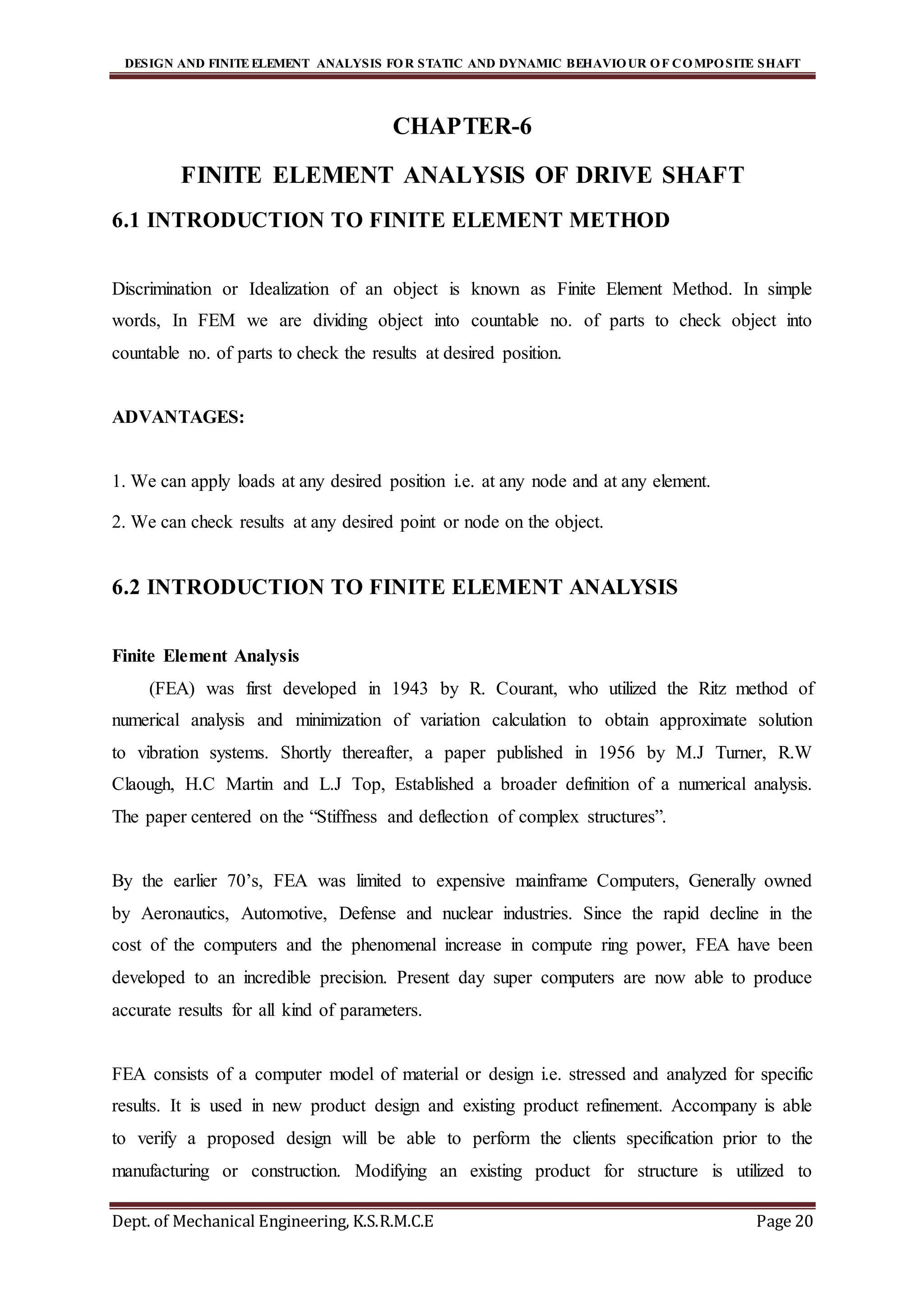 Design and Finiteelement analysis for static and dynamic behaviour of composite shaft word | PDF