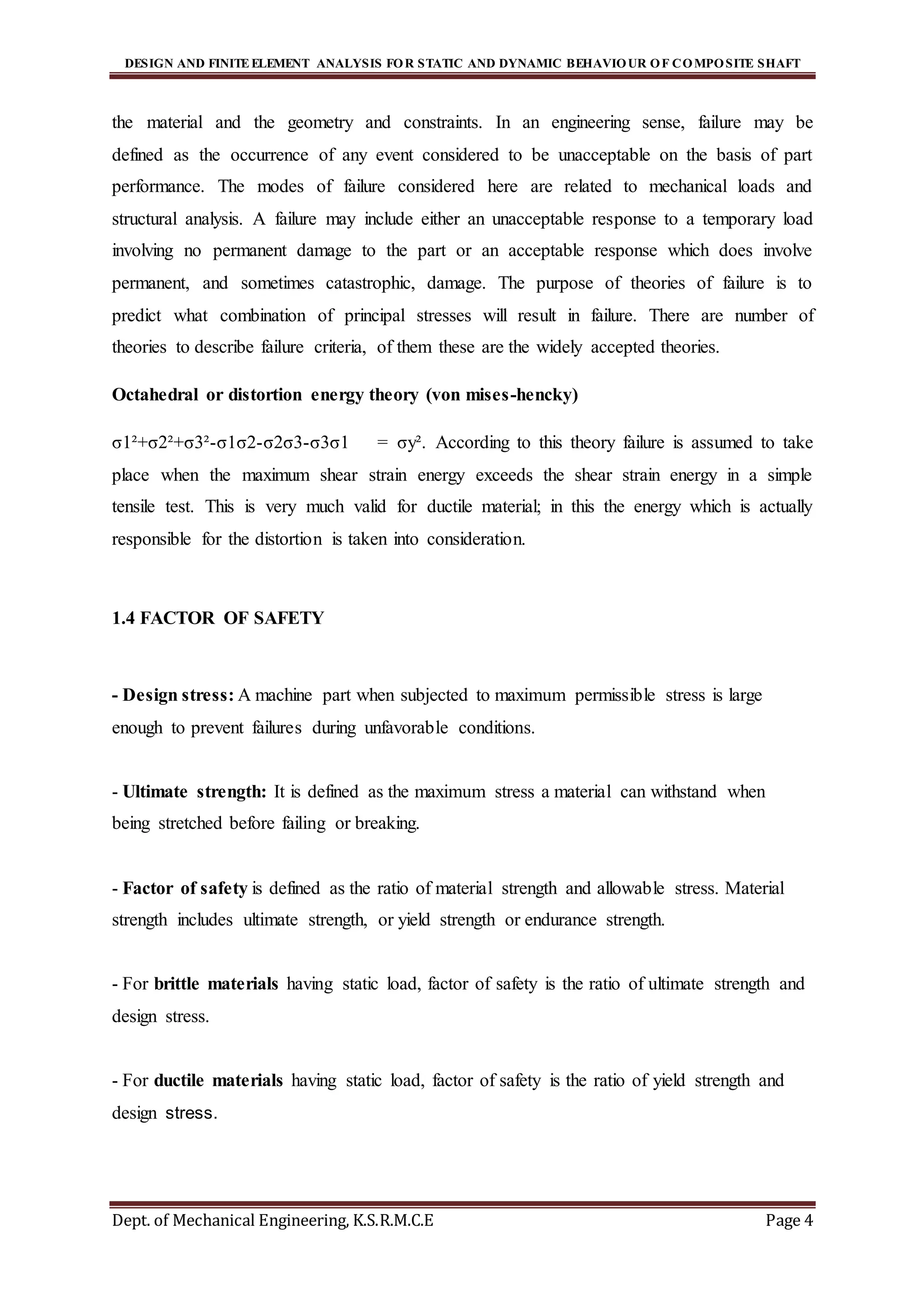 Design And Finiteelement Analysis For Static And Dynamic Behaviour Of Composite Shaft Word Pdf