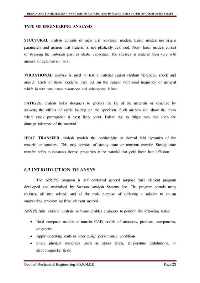 Design And Finiteelement Analysis For Static And Dynamic Behaviour Of Composite Shaft Word Pdf