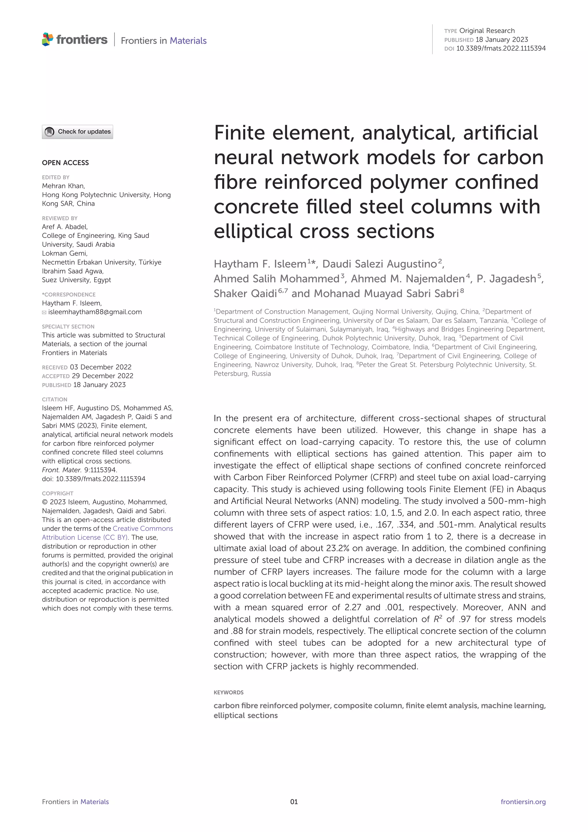 Finite element, analytical, artificial neural network models for carbon fibre reinforced polymer ...