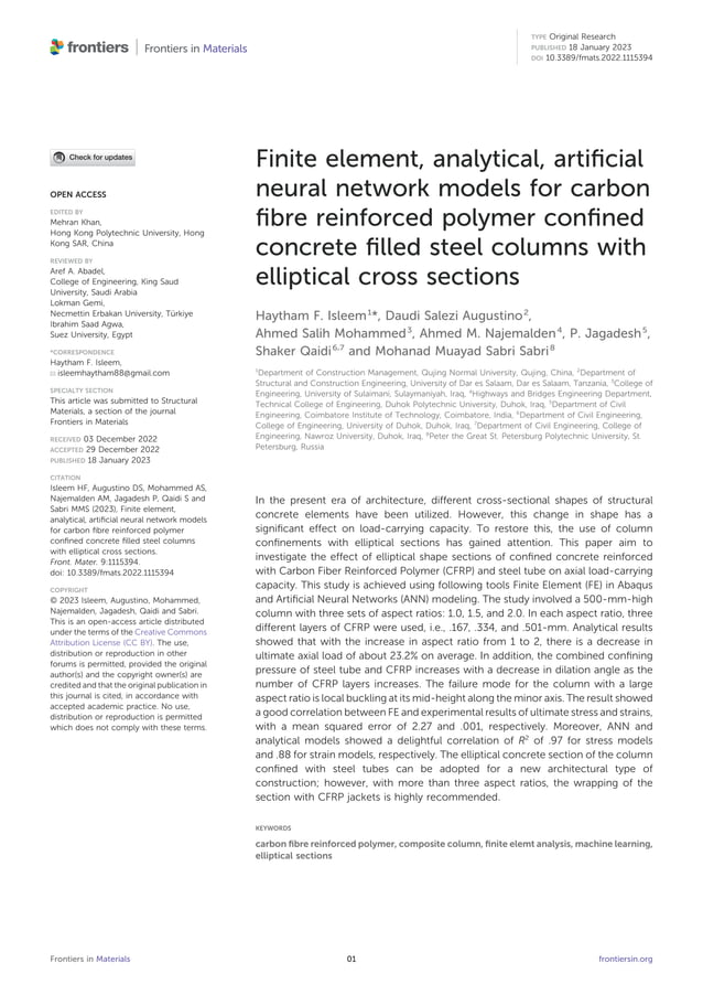 Finite element, analytical, artificial neural network models for carbon fibre reinforced polymer ...