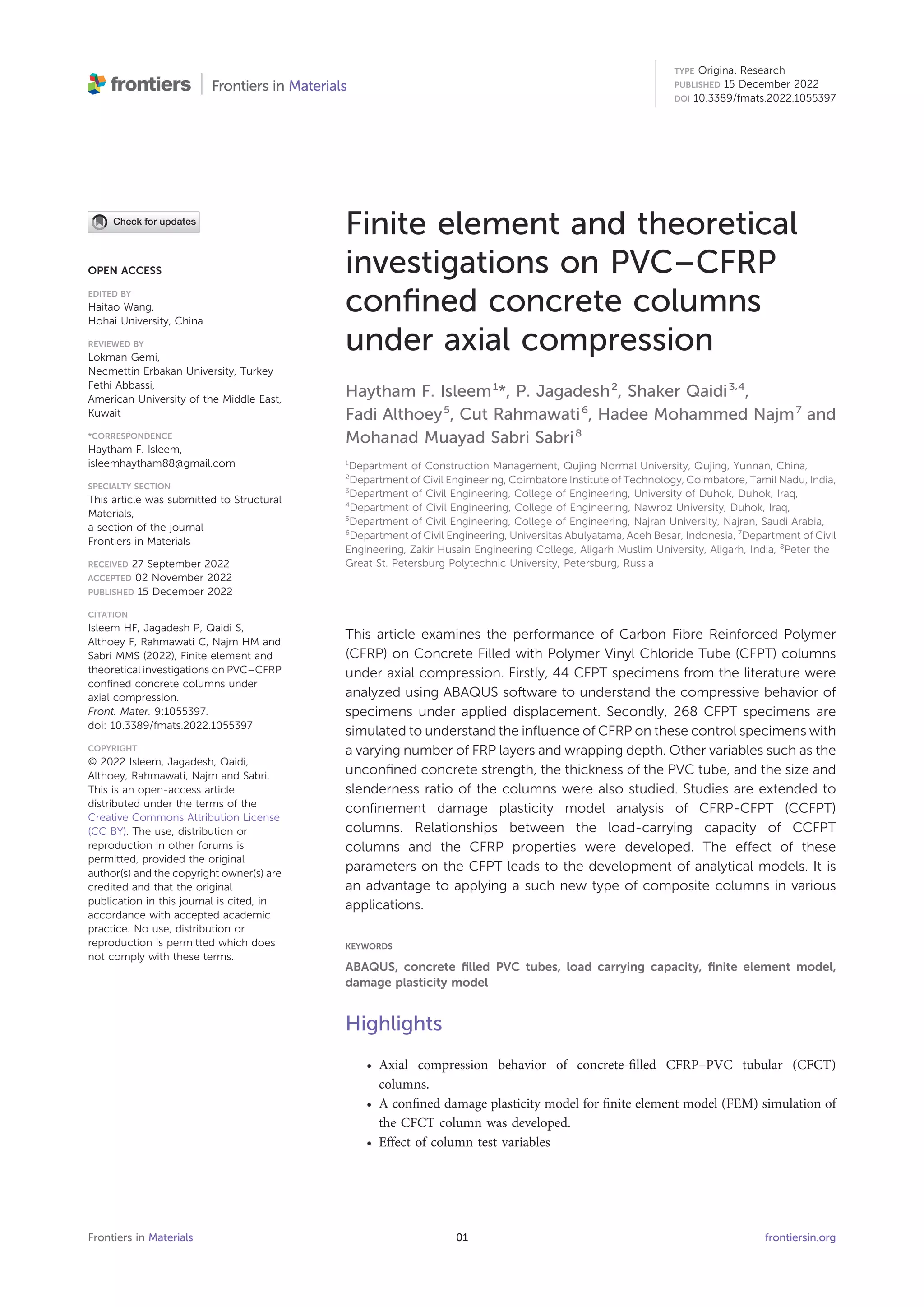 Finite element and theoretical investigations on PVC–CFRP confined concrete columns under axial ...