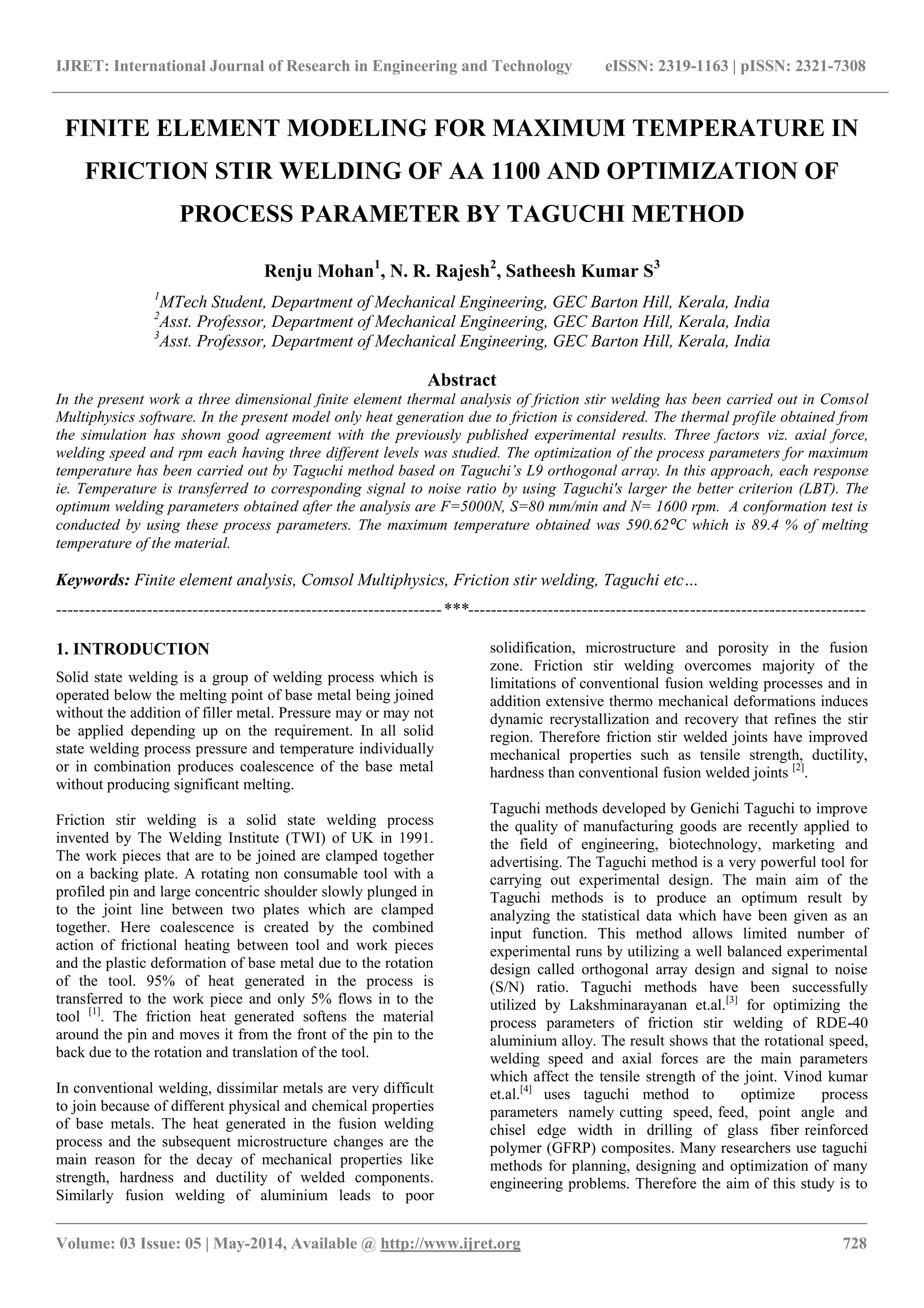 Finite Element Modeling For Maximum Temperature In Friction Stir