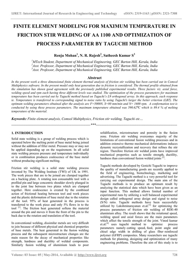 Finite Element Modeling For Maximum Temperature In Friction Stir