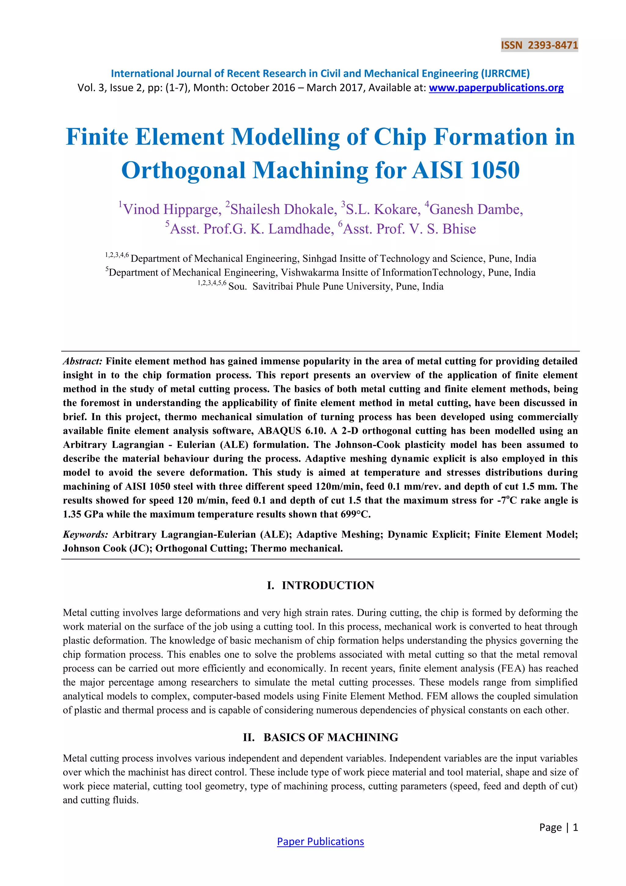 Finite Element Modelling Of Chip Formation In Orthogonal Machining For Aisi 1050 Pdf Physics