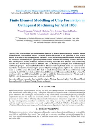 Finite Element Modelling of Chip Formation in Orthogonal Machining for AISI 1050 | PDF | Physics ...