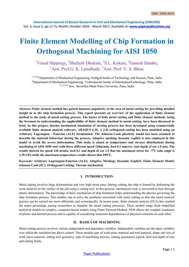 Finite Element Modelling of Chip Formation in Orthogonal Machining for AISI 1050 | PDF | Physics ...