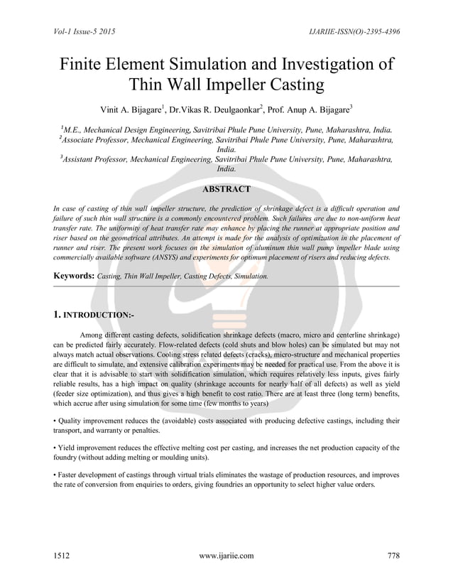 Finite Element Simulation And Investigation Of Thin Wall Impeller Casting Ijariie 2015 Pdf
