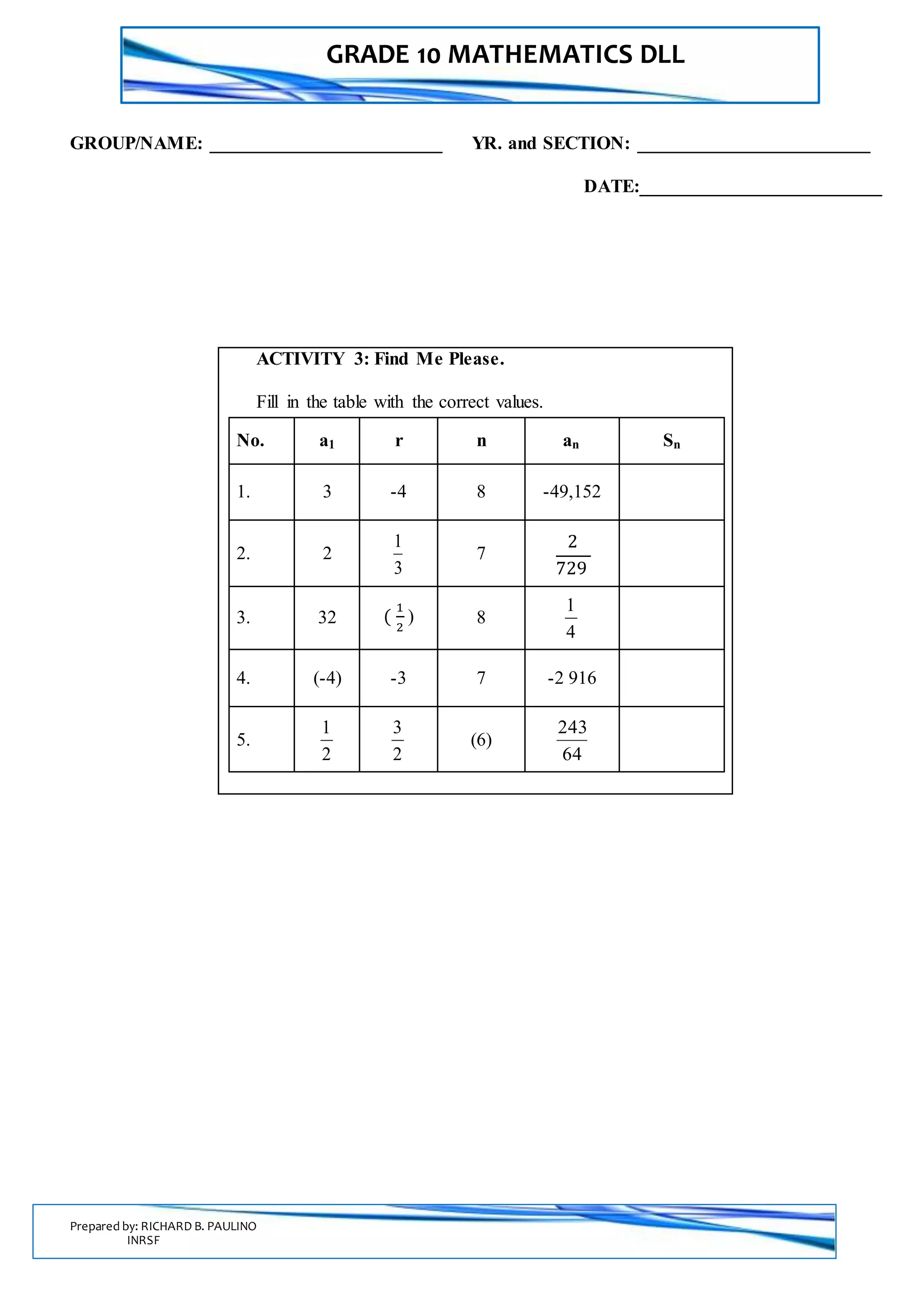 Finite Geometric Series dlp | DOCX