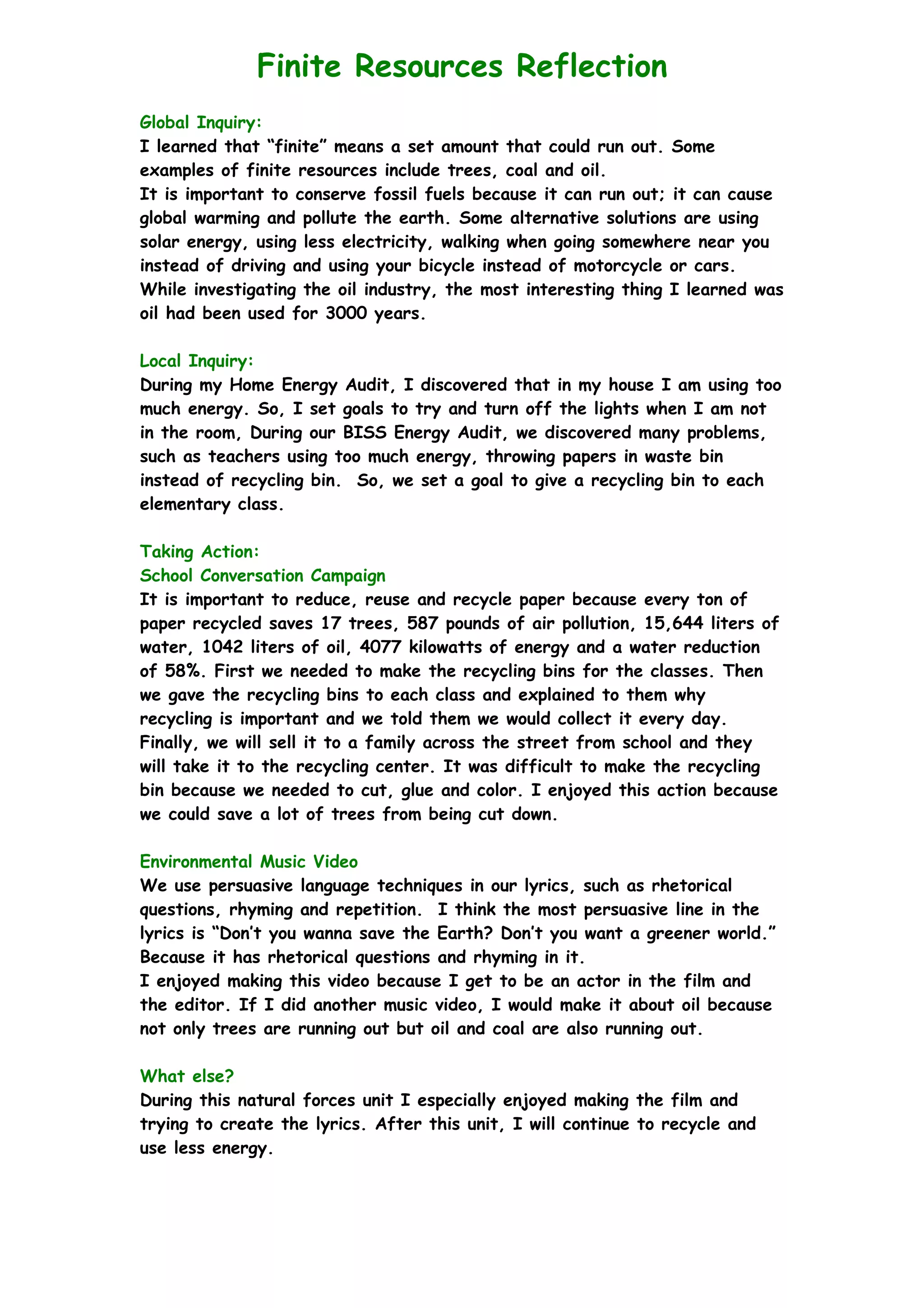 Finite resources reflection | DOC | Indoor Environmental Quality | Home ...