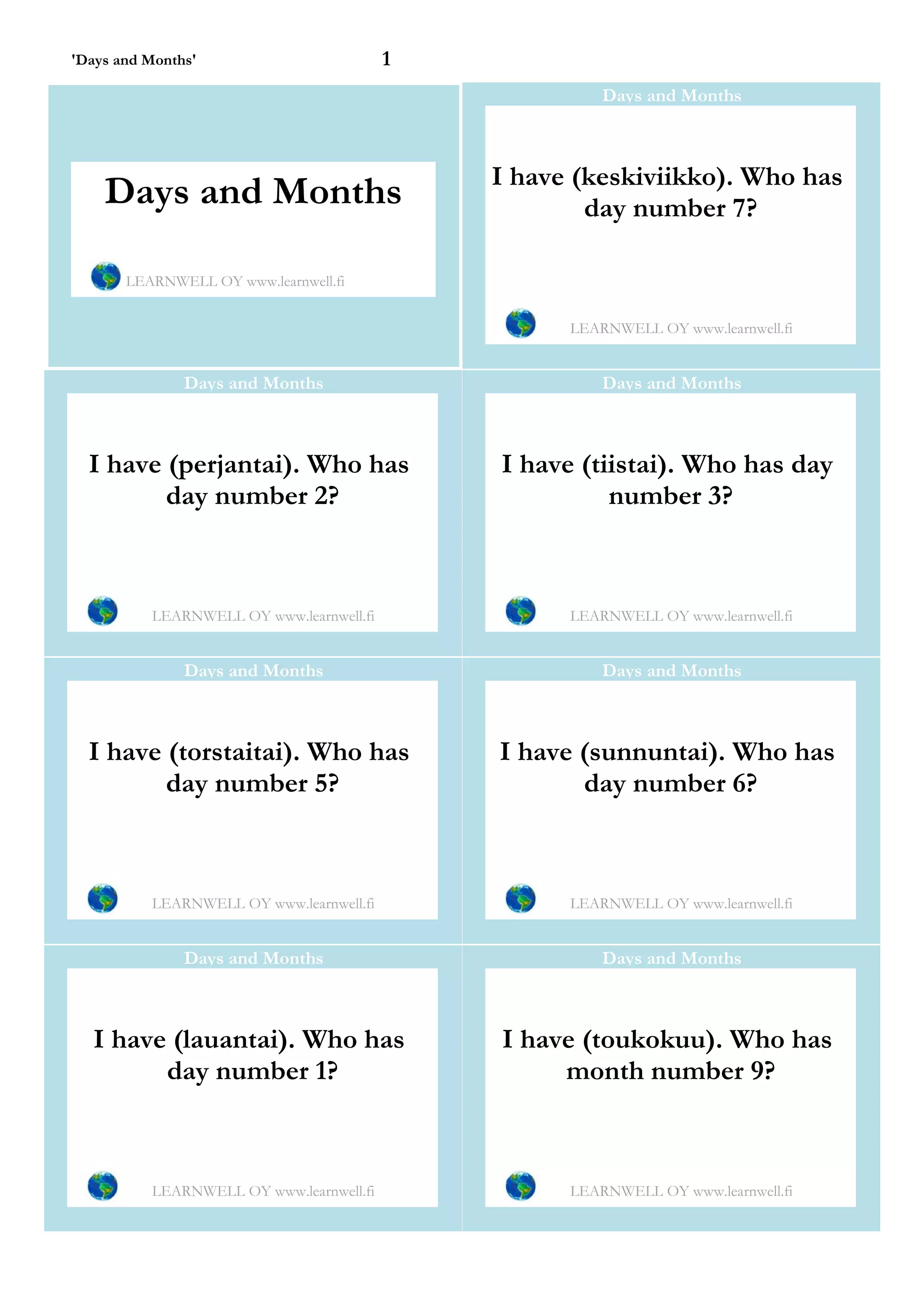 "Days and Months" Finnish - English cards | PDF