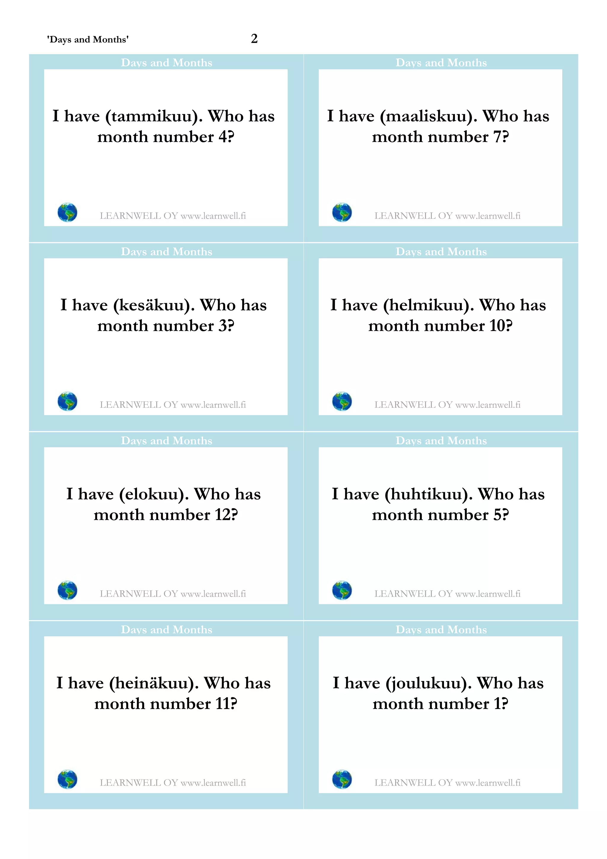 "Days and Months" Finnish - English cards | PDF