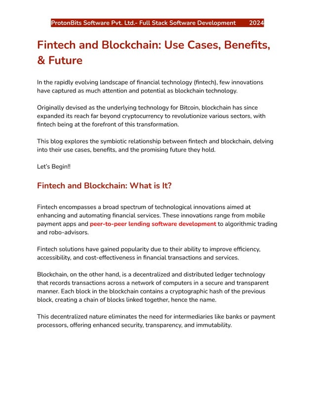 Fintech and Blockchain: Use Cases, Benefits, & Future - ProtonBits | PDF