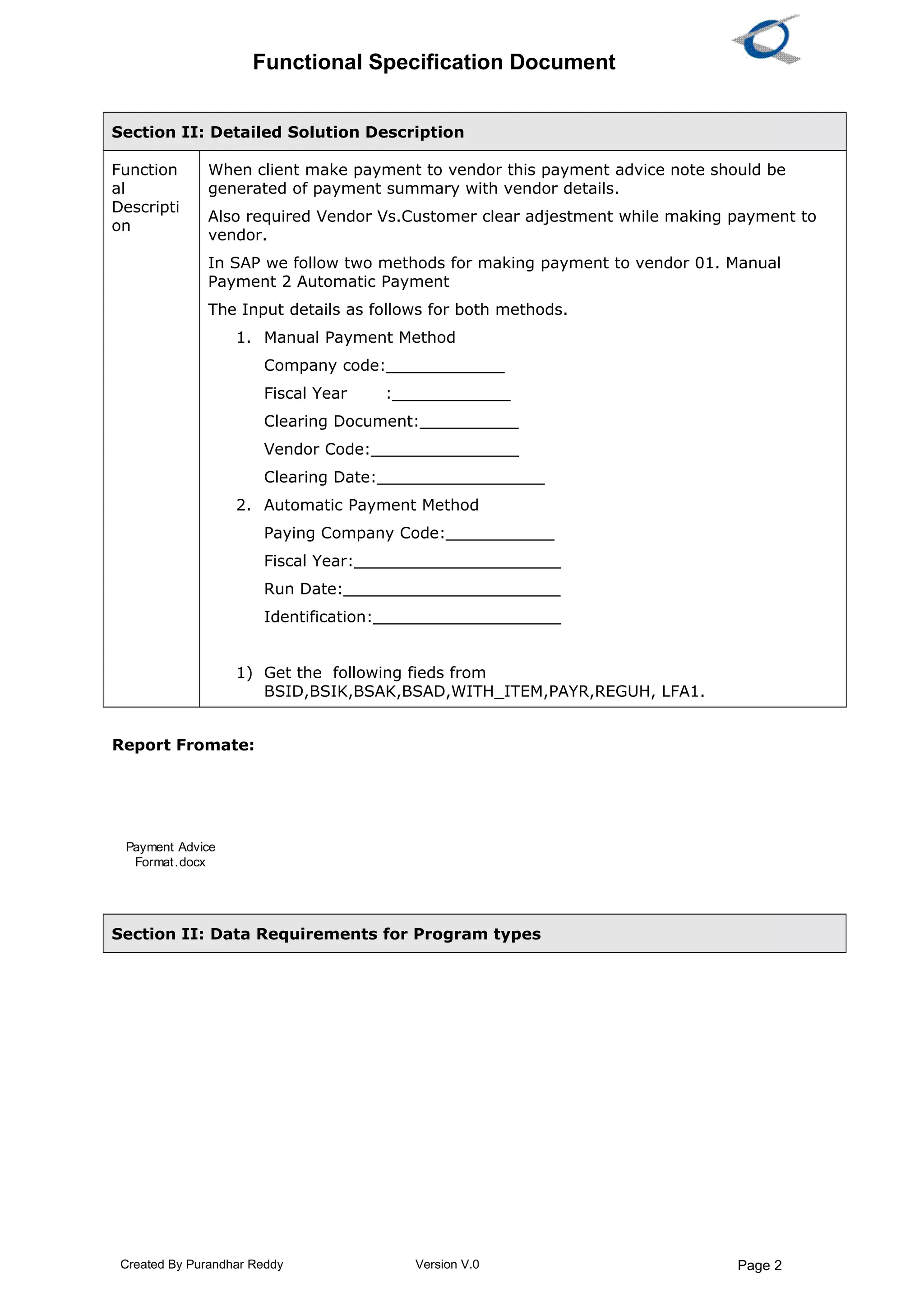 Fi payment advice functional spec. | DOC