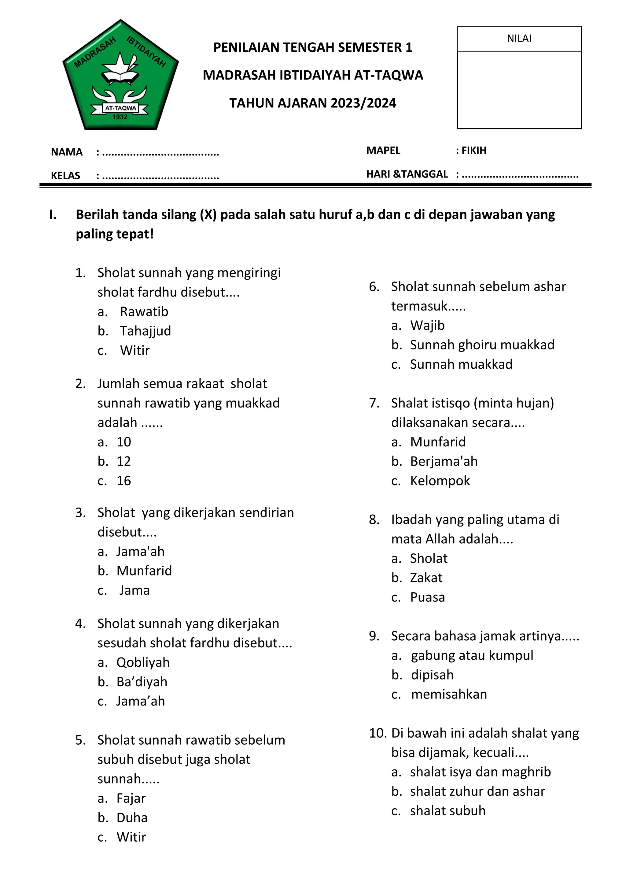 Soal Penilaian tengah semster Fikih u SD | PDF